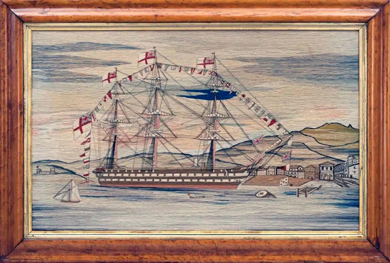 British Sailor's Woolwork of a Fully Dressed Ship with Town Behind ...