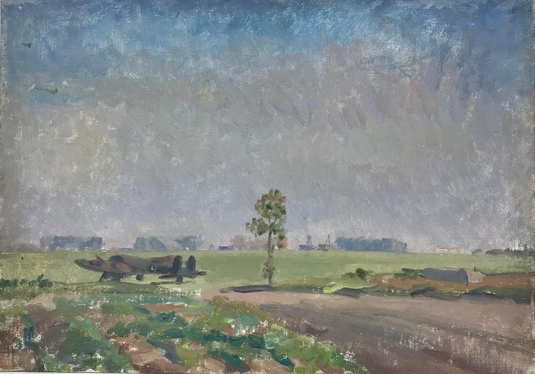 British School - Mid Century British Oil Painting - WW2 Plane in Field ...