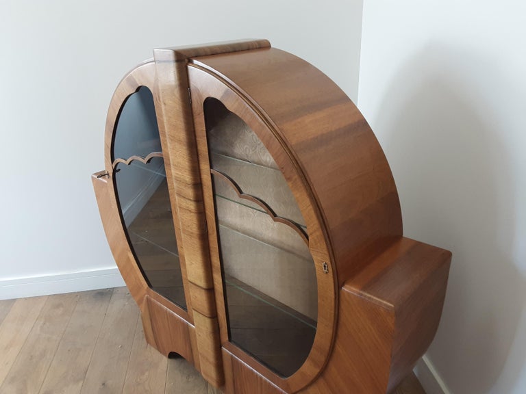 British Walnut Art Deco Circular Display Cabinet with Cloud Design For ...
