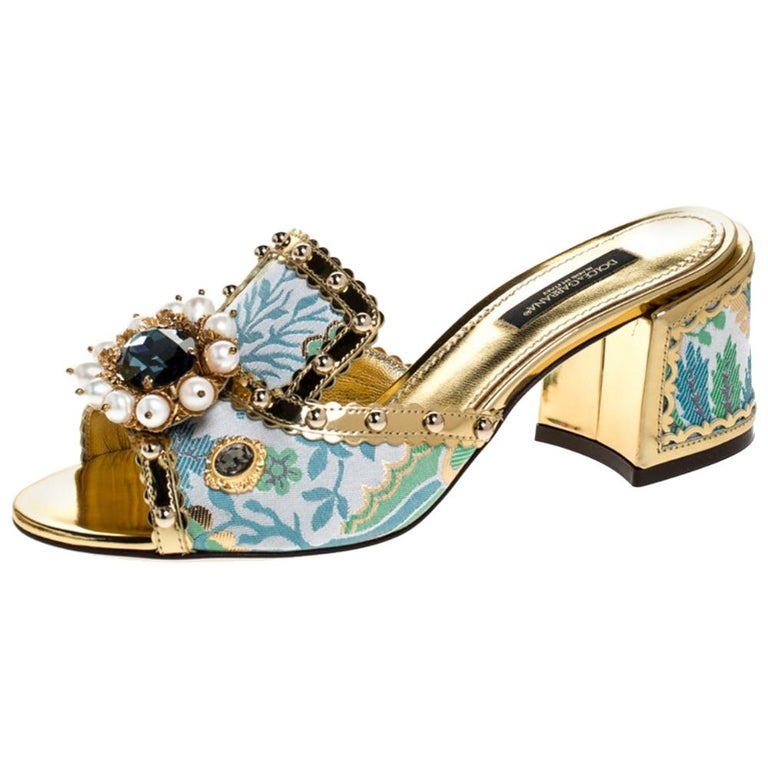 Brocade Patent Leather Trim Crystal Embellished Open Toe Sandals Size ...