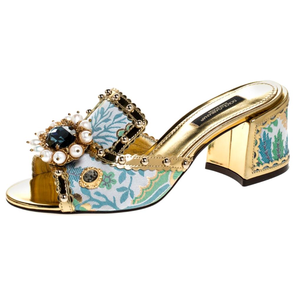 Brocade Patent Leather Trim Crystal Embellished Open Toe Sandals Size ...