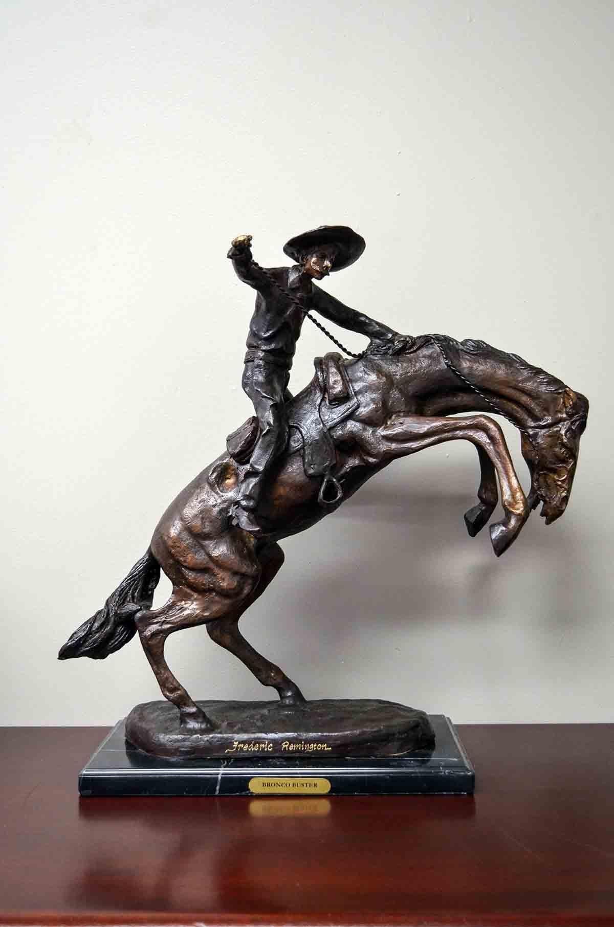 Bronco Buster Bronze Sculpture on Marble Base, after Frederic Remington ...
