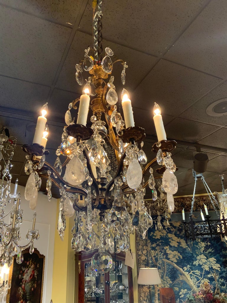 Bronze and Crystal Nine Light Chandelier with Scrolling Arms and Rock ...