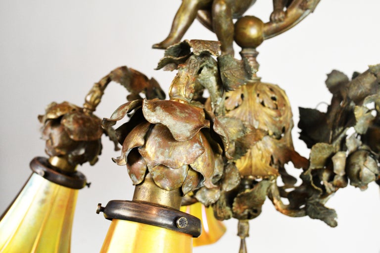 Bronze Cherub Light with Art Glass Shades For Sale at 1stdibs