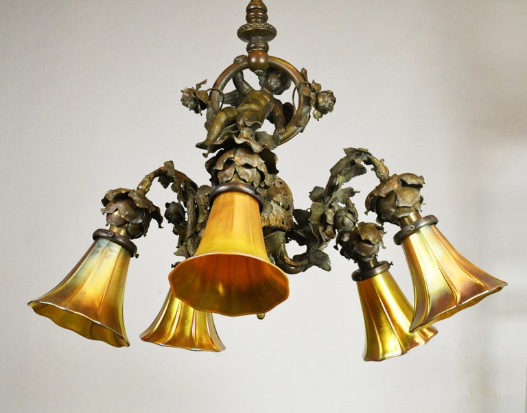 Bronze Cherub Light with Art Glass Shades For Sale at 1stdibs