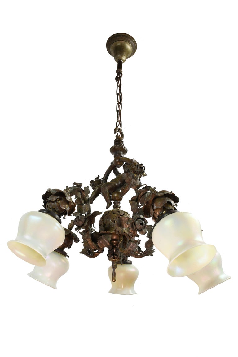 Bronze Cherub Light with Art Glass Shades For Sale at 1stDibs | cherub ...