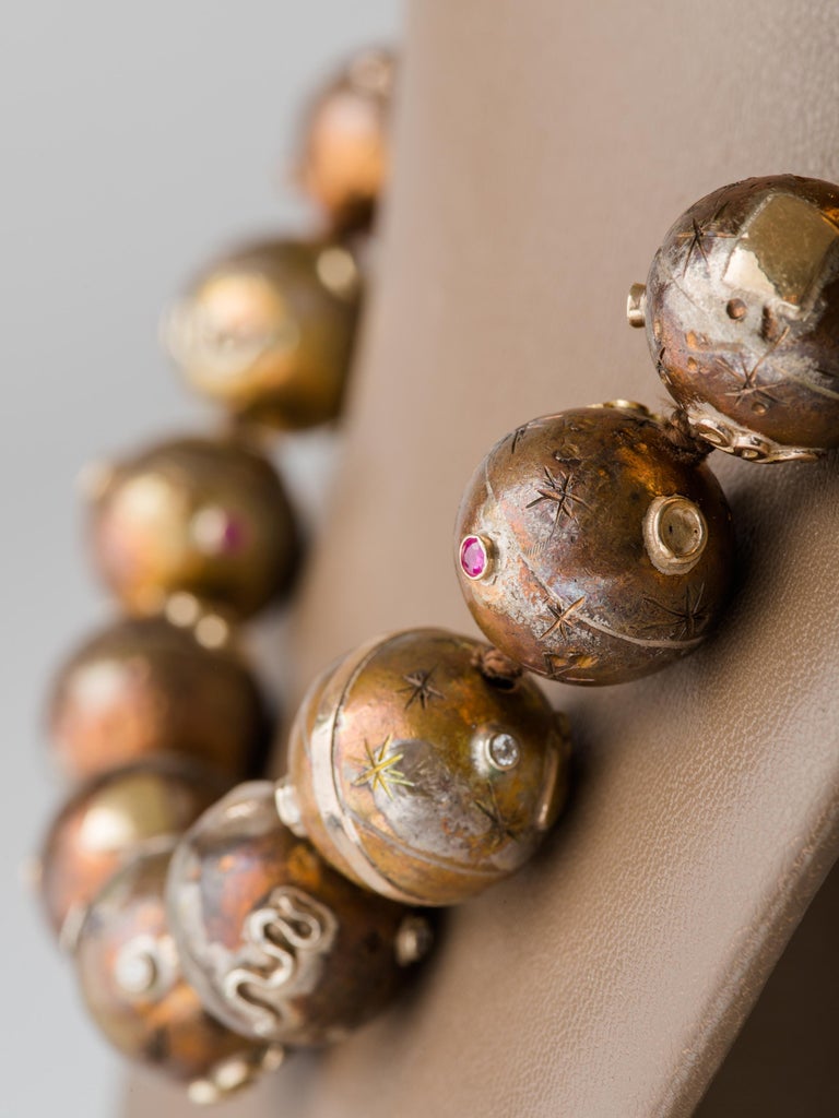 Bronze, Diamond and Ruby Bead Necklace by Jewelry Sculptor Mark ...