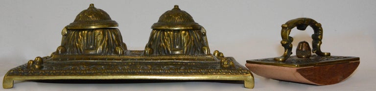 Bronze English Inkwell Set with Rocking Blotter For Sale at 1stDibs