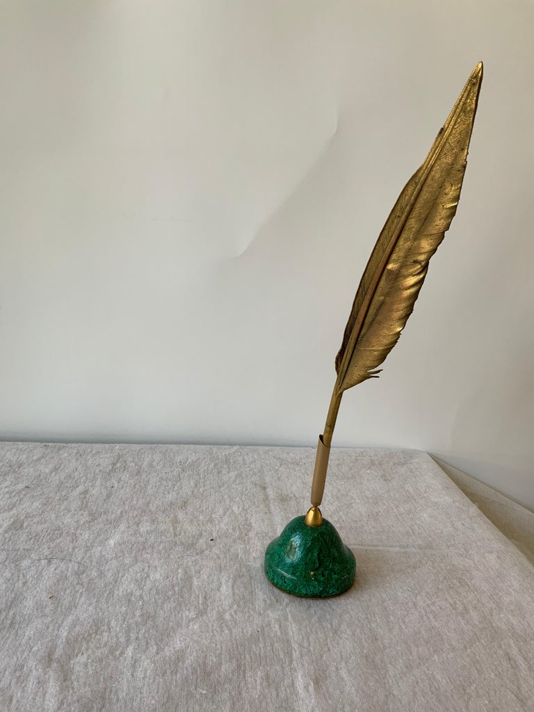 Bronze Feather Pen in Malachite Base at 1stDibs