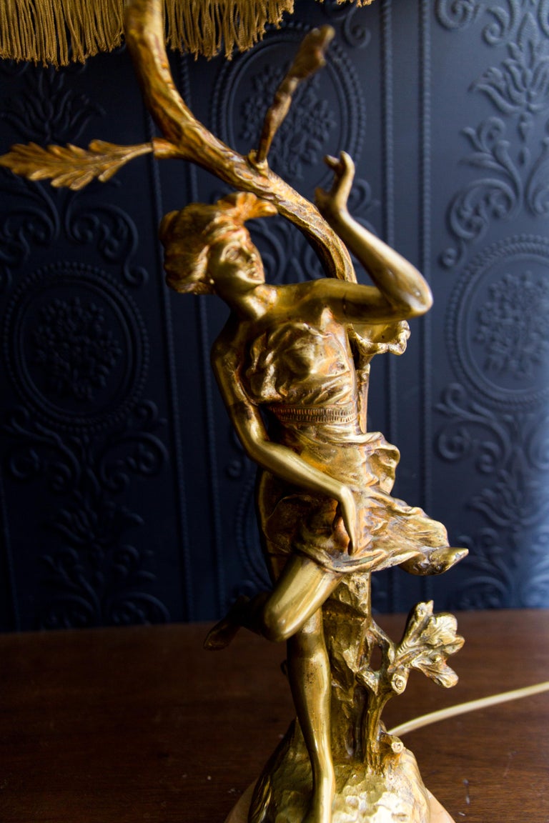 Bronze and Onyx Table Lamp with Lady Figure and Yellow Fabric Lamp ...
