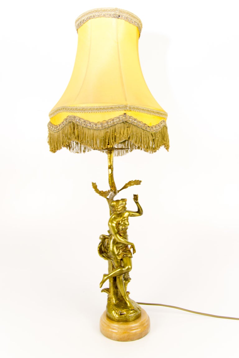 Bronze and Onyx Table Lamp with Lady Figure and Yellow Fabric Lamp ...