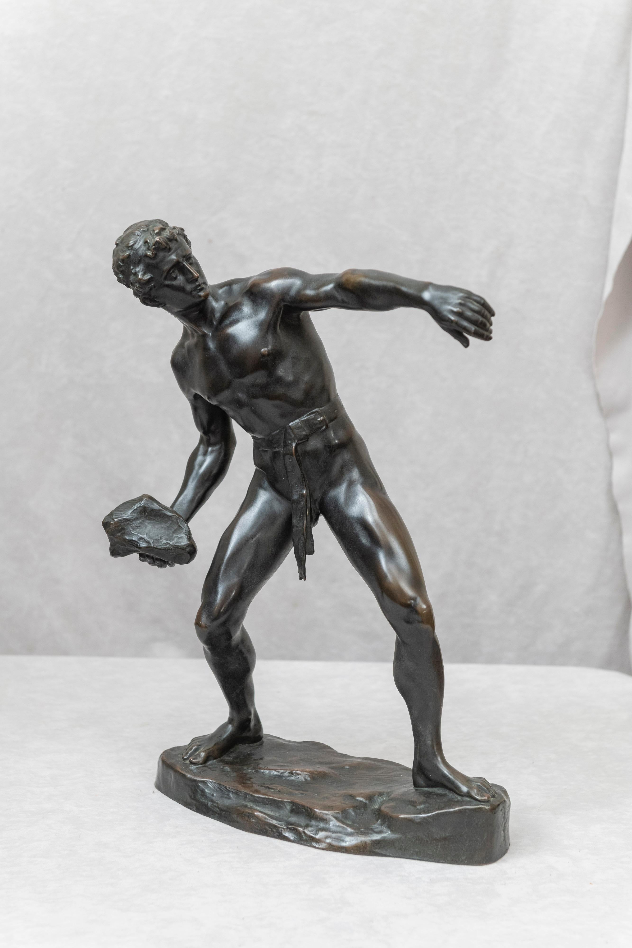 Bronze Figure of a Strongman Hurling a Rock, Artist Signed Lugerth ...