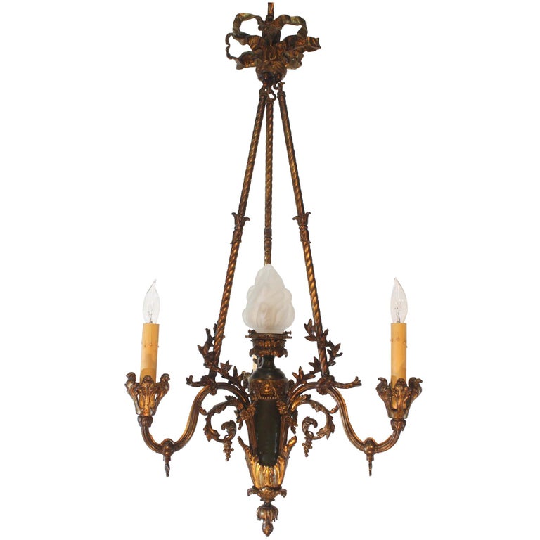 Bronze Gasolier Modeled with a Central Flambeau Shade at 1stDibs