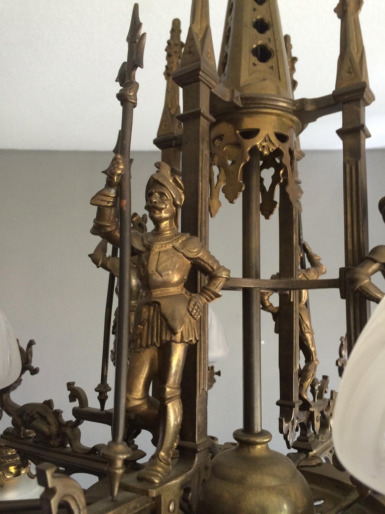 Bronze Gothic Revival Chandelier / Pendant Light w. Knights and Dragons ...