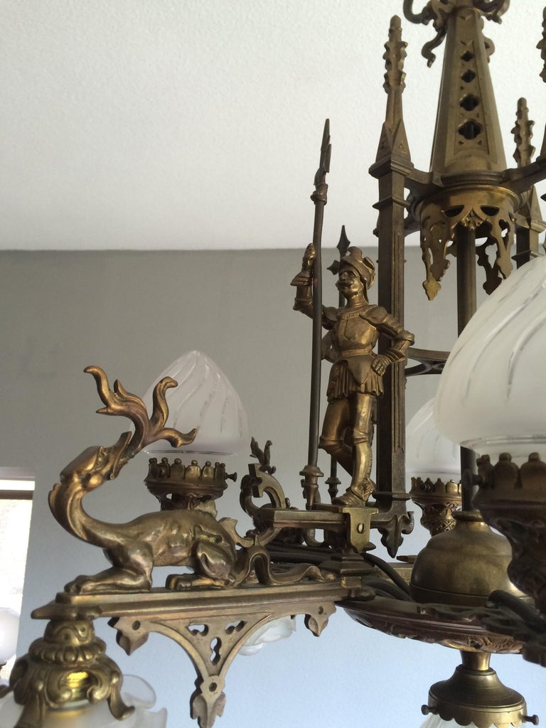 Bronze Gothic Revival Chandelier / Pendant Light w. Knights and Dragons ...