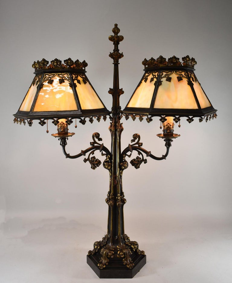 Bronze Gothic Revival Double Amber Slag Glass Shaded Library Lamp at ...