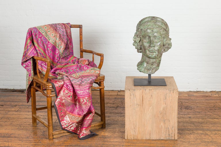 Bronze Greco Roman Style Contemporary Head Sculpture With Verdigris