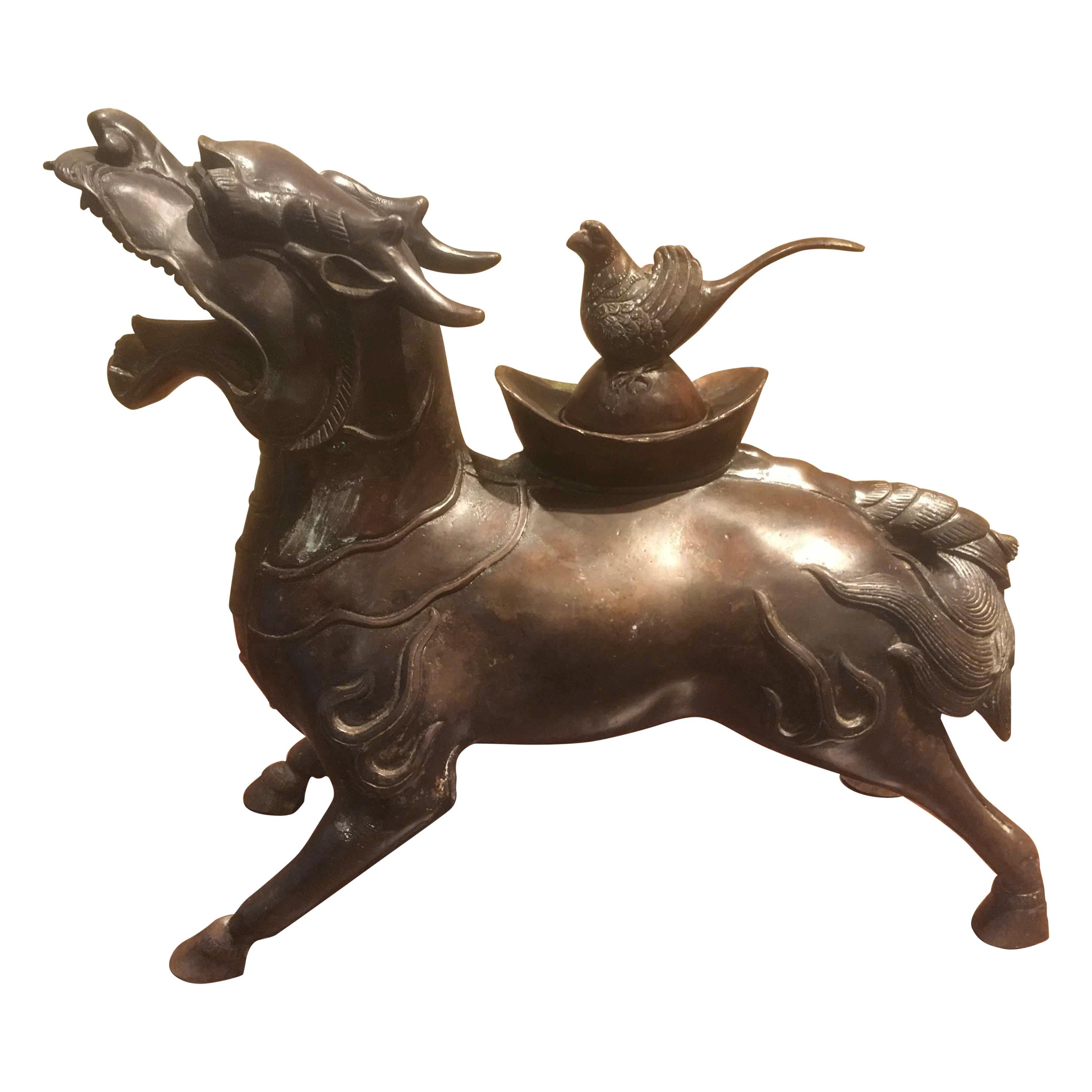 Bronze Kirin Incensor Bird Ingot Original Wooden Box, Japan For Sale at ...