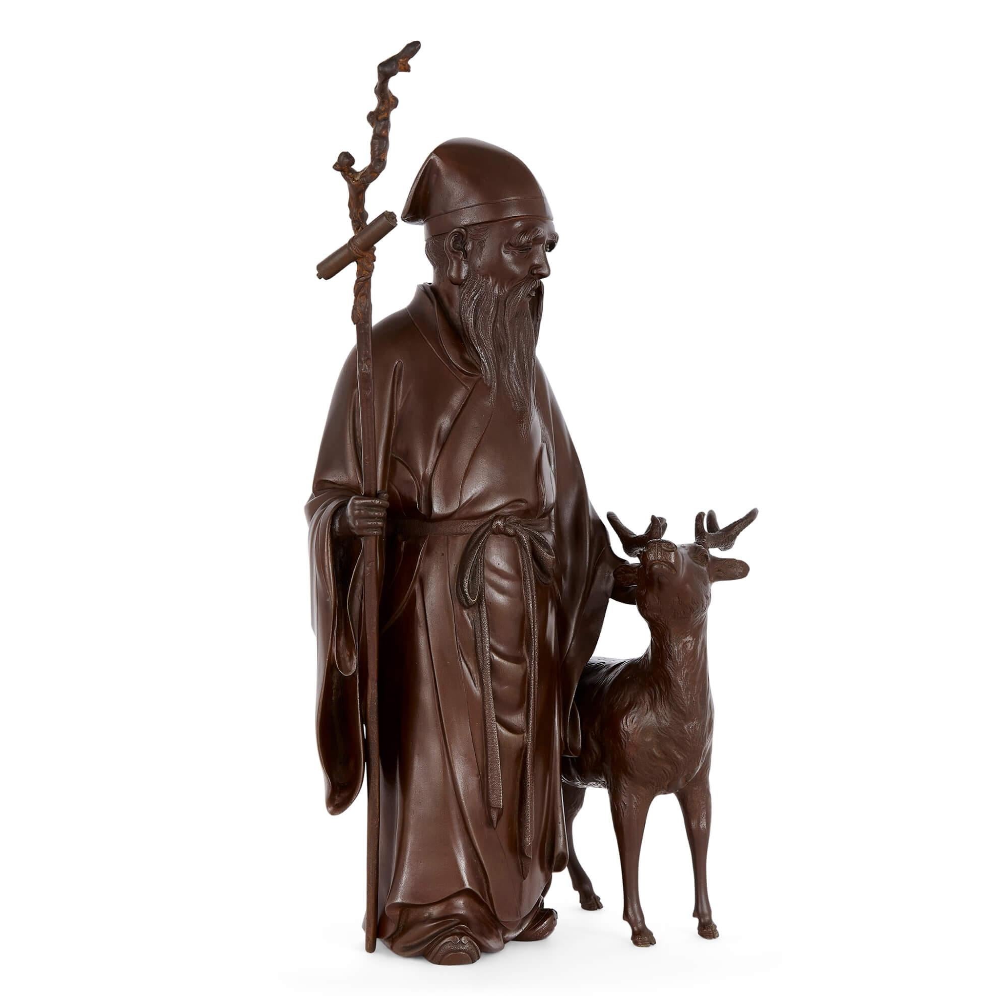 Bronze Meiji Period Sculpture of Jurōjin, God of Longevity, with Deer ...