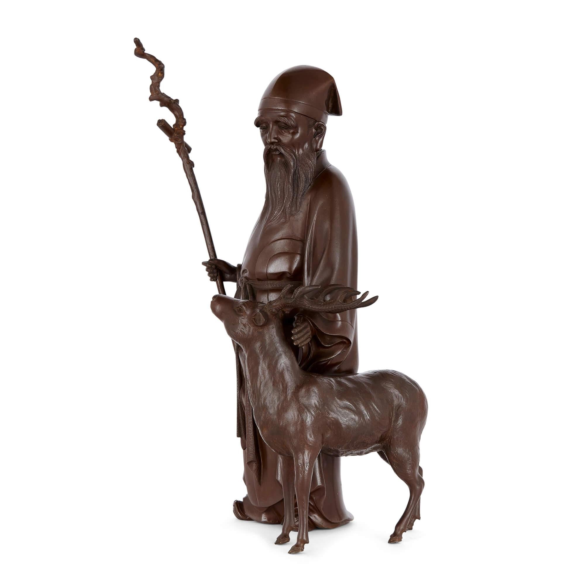 Bronze Meiji Period Sculpture of Jurōjin, God of Longevity, with Deer ...