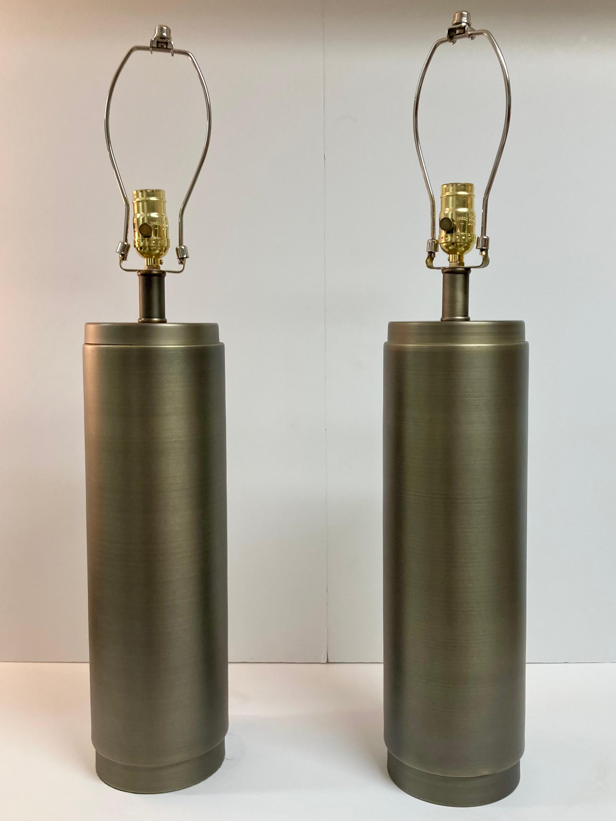 Bronze Mid-Century Cylindrical Form Table Lamps, a Pair For Sale at 1stDibs