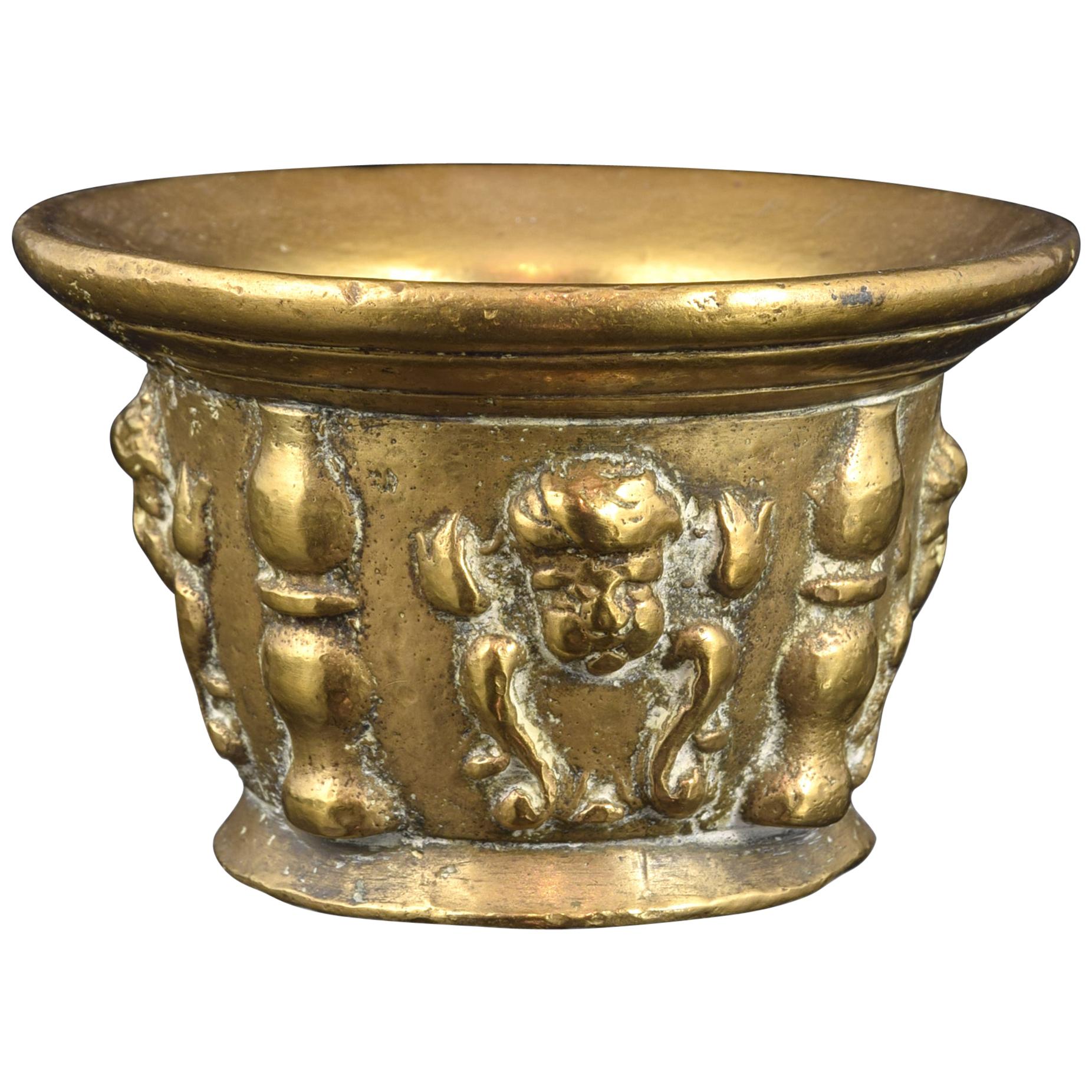 Bronze Mortar with Masks, 17th Century at 1stDibs