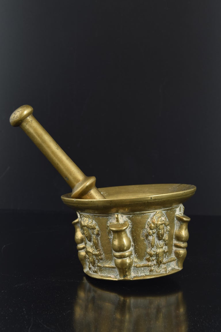 Bronze Mortar with Masks, with Pestle, 17th Century at 1stDibs