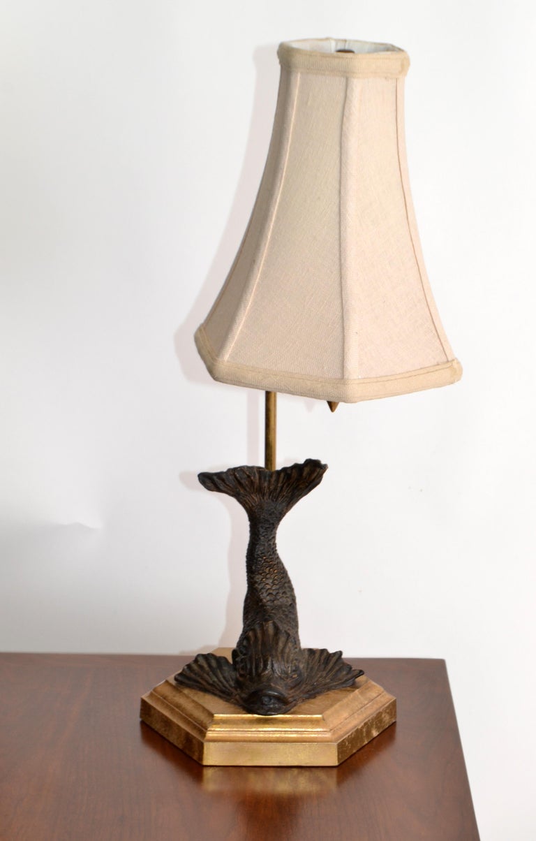 Bronze Neoclassical Sea Serpent Koi Fish Table Lamp Fabric Shade ...
