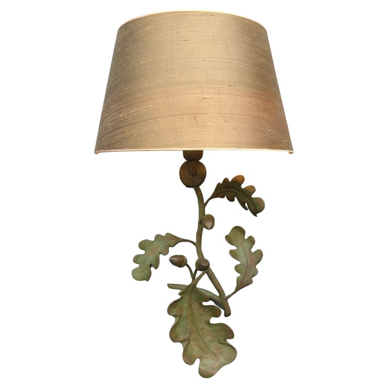 Bronze Oak Leaf and Acorn Wall Sconce with Green Silk Shade, France ...