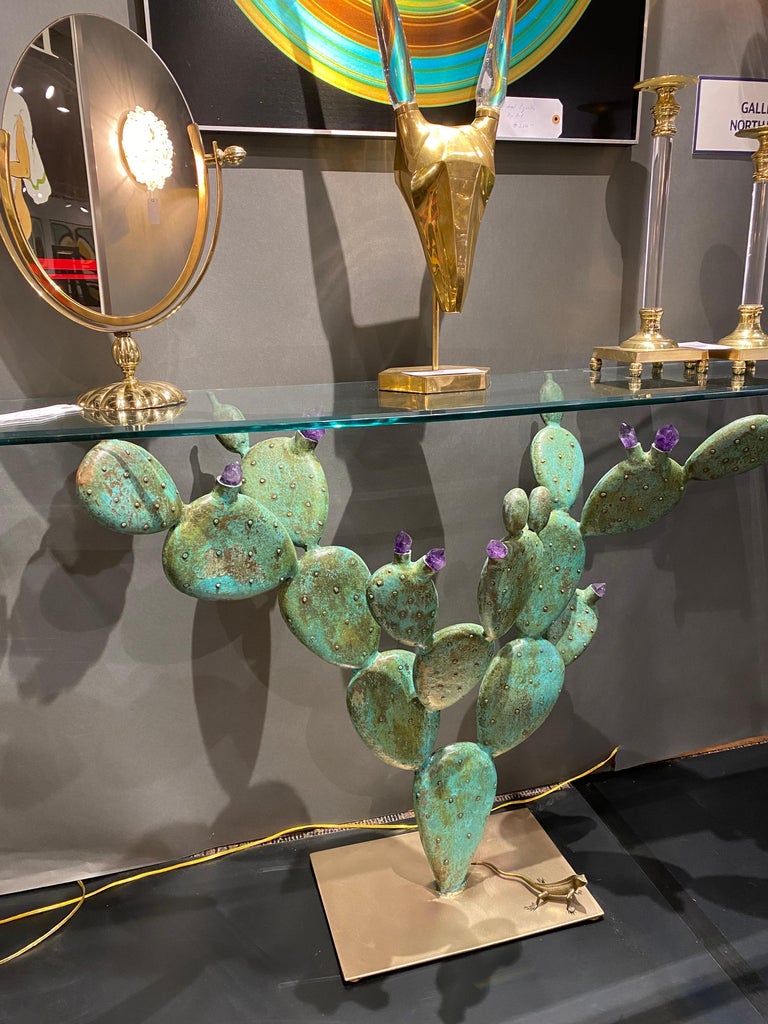 Bronze Prickly Pear Cactus Console Table with Amethyst Crystals For ...