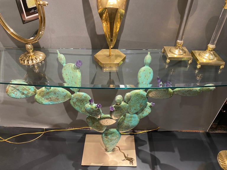 Bronze Prickly Pear Cactus Console Table with Amethyst Crystals For ...