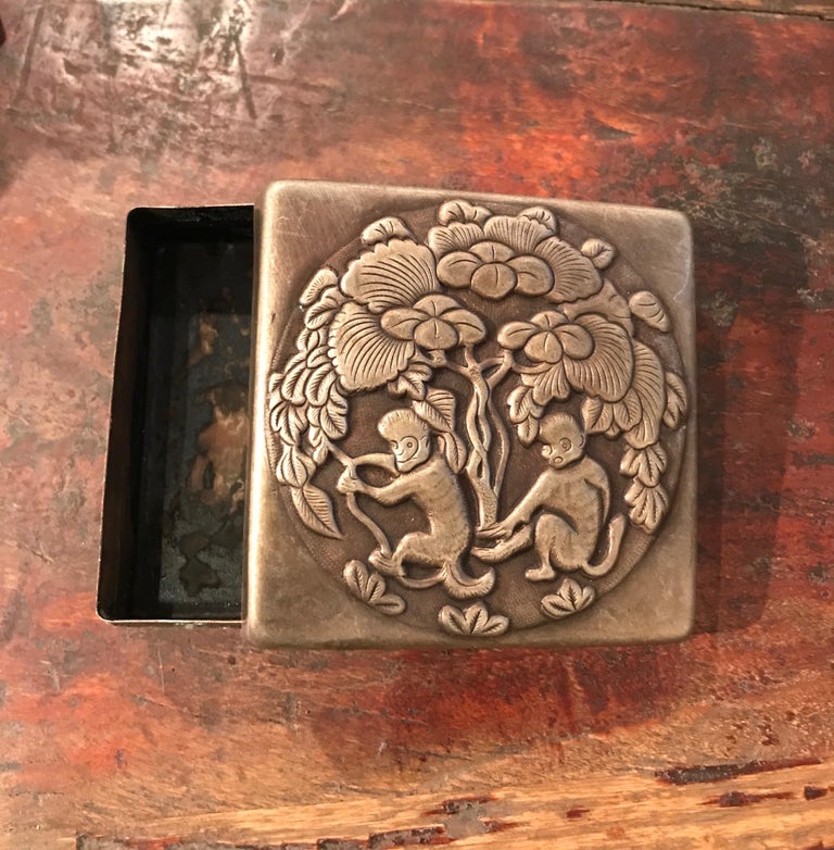Bronze Repousse Ink Box with Prancing Monkeys For Sale at 1stDibs