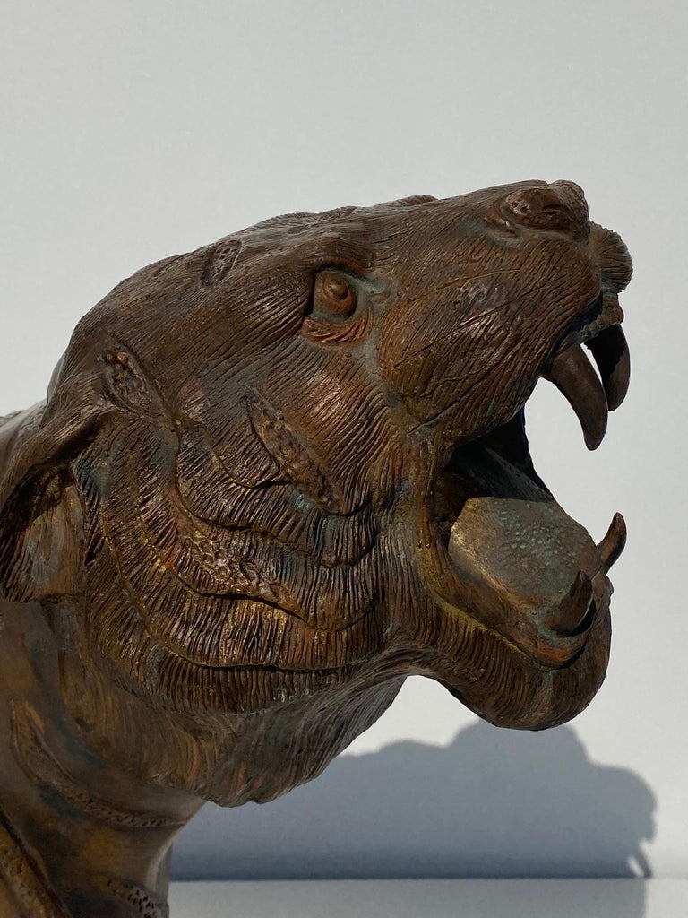 Bronze Sculpture of a Roaring Tiger For Sale at 1stDibs