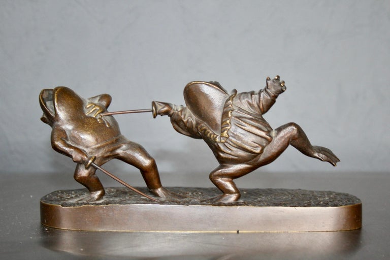 Bronze Sculpture Representing 2 Frogs Doing Fencing For Sale at 1stDibs