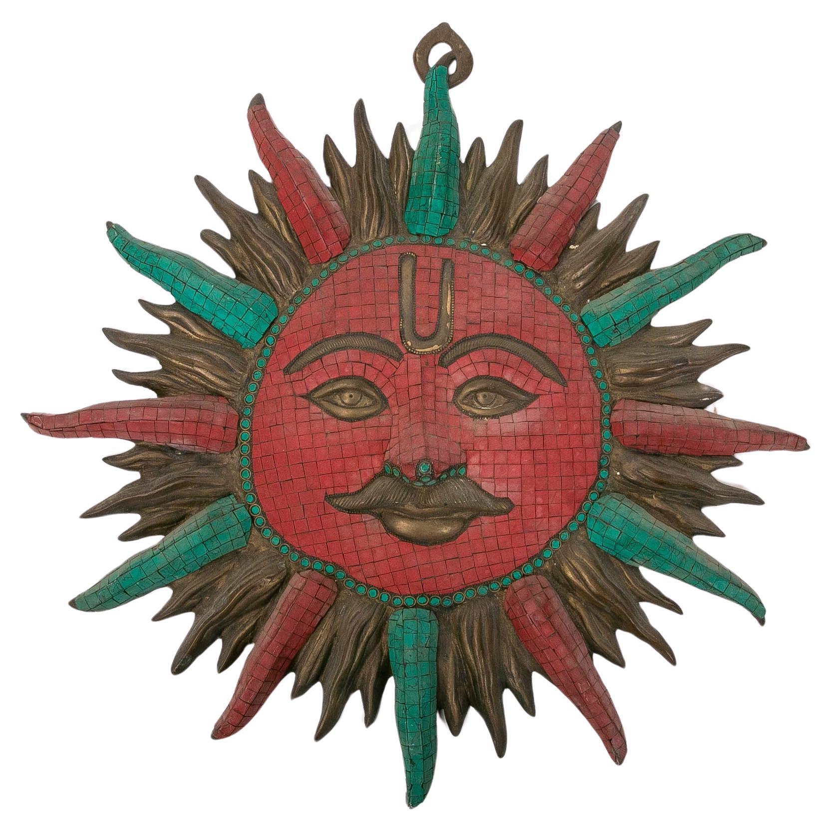 Bronze Sun Sculpture with Micromosaic Decoration in Green and Red ...