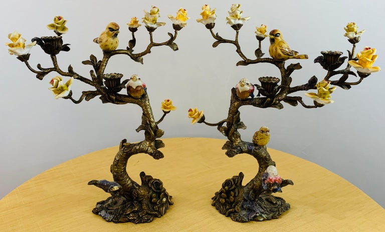 Bronze Tree with Birds and Flowers Candleholder or Candelabra, a Pair ...