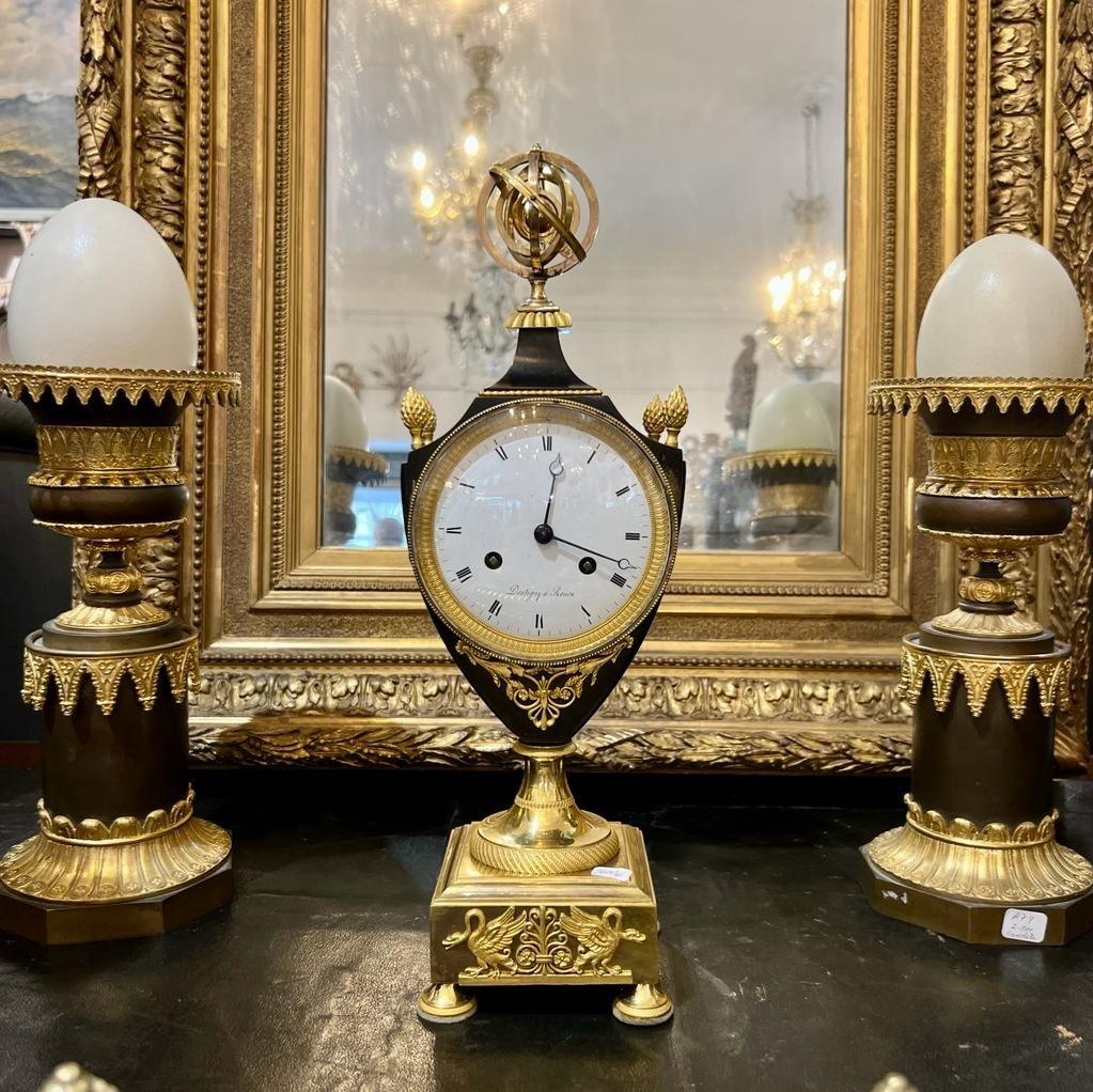 Bronze Urn Clock with Armillary Sphere Decoration signed Destigny à ...