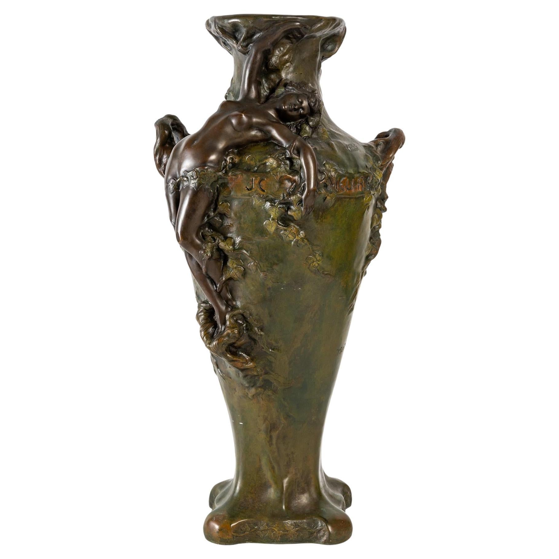 Art Nouveau Glass Vase with Bronze Overlay at 1stDibs