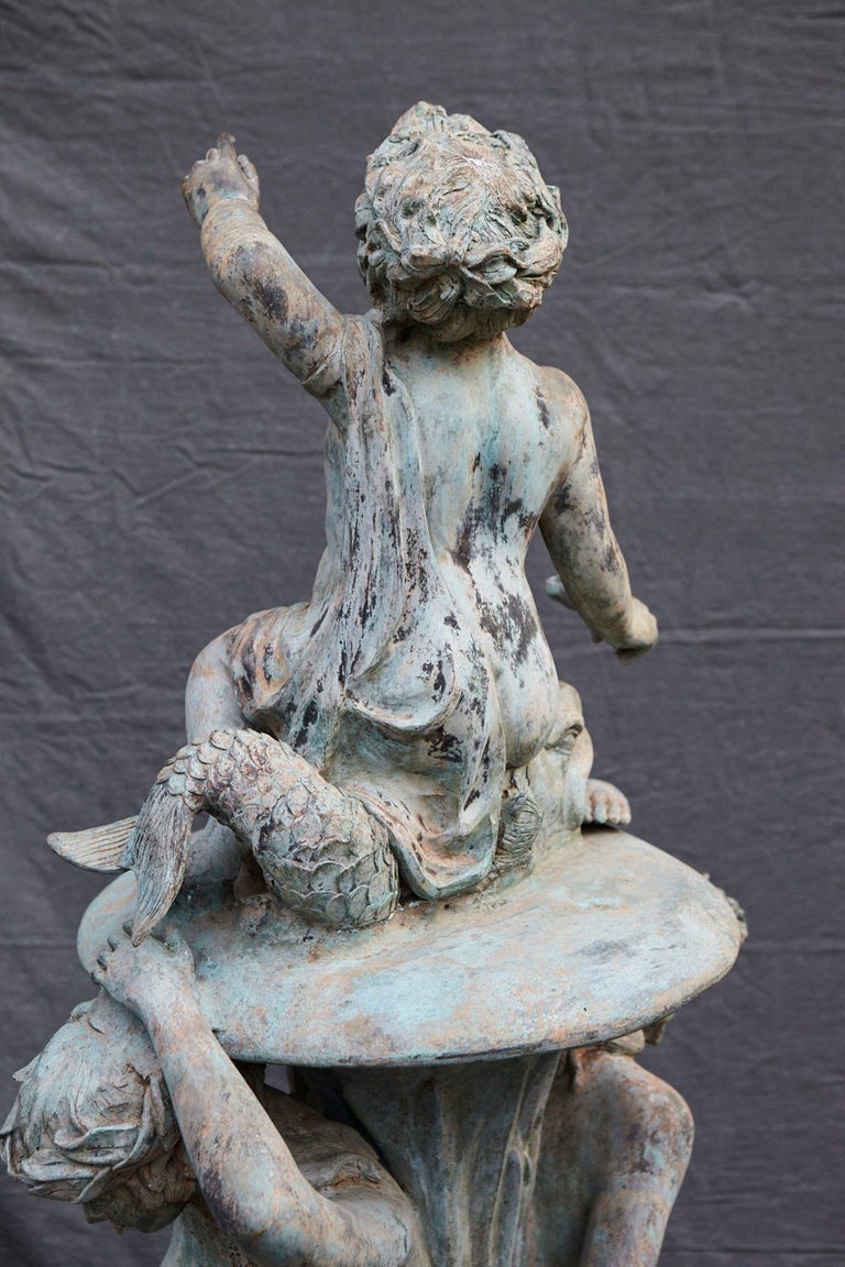 Bronze Water Garden Statue of Merman and Mermaid Carrying a Merboy at ...