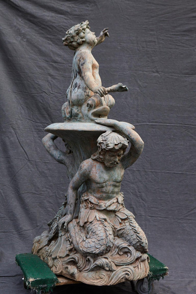 Bronze Water Garden Statue of Merman and Mermaid Carrying a Merboy at ...