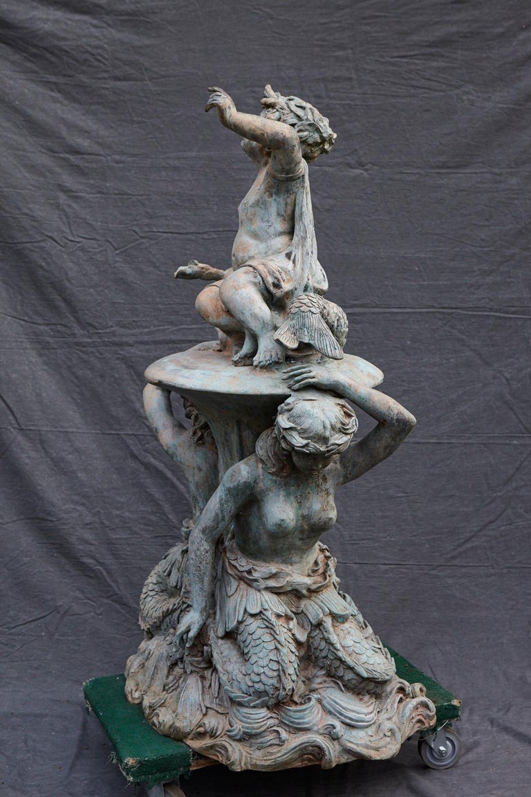 Bronze Water Garden Statue of Merman and Mermaid Carrying a Merboy at ...
