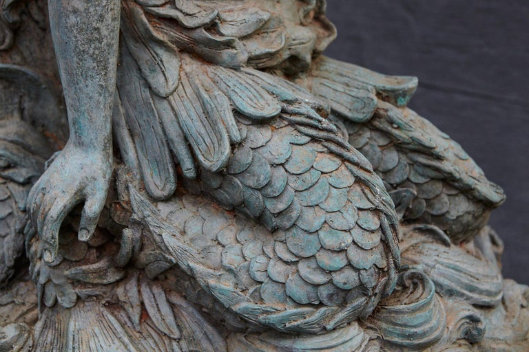 Bronze Water Garden Statue of Merman and Mermaid Carrying a Merboy at ...