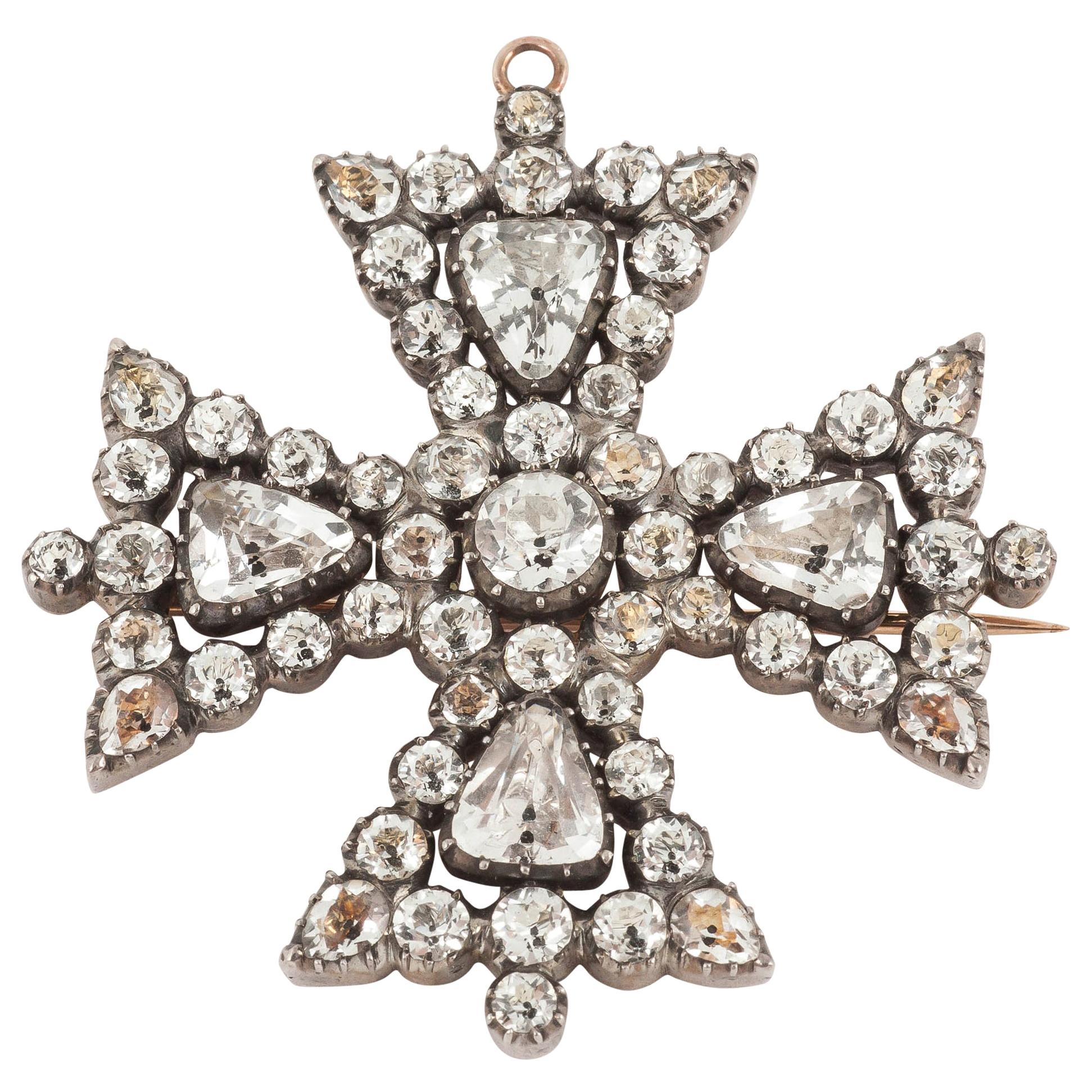Maltese Cross Brooch with Brightly Foiled White Crystal, English circa ...