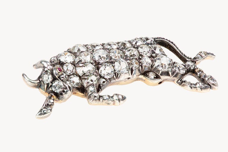Raging Bull Brooch, Diamond set in Gold and Silver with Ruby, English ...