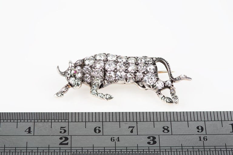 Raging Bull Brooch, Diamond set in Gold and Silver with Ruby, English ...