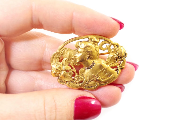 Brooch Art Nouveau Woman in Gold 18k, Diamond, Woman in Profile For ...