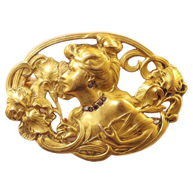 Brooch Art Nouveau Woman in Gold 18k, Diamond, Woman in Profile For ...