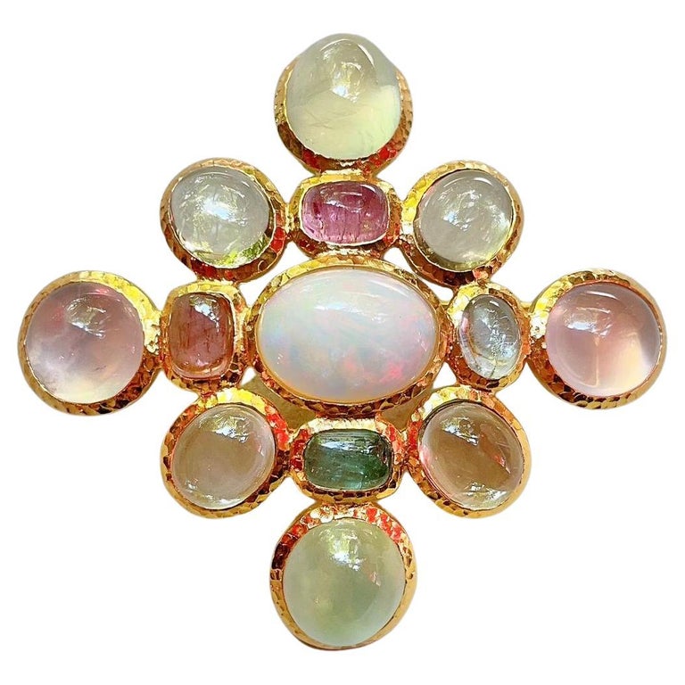 Brooch “Capri” Multi Natural Gem Brooch Set in 22k Gold and Silver For ...