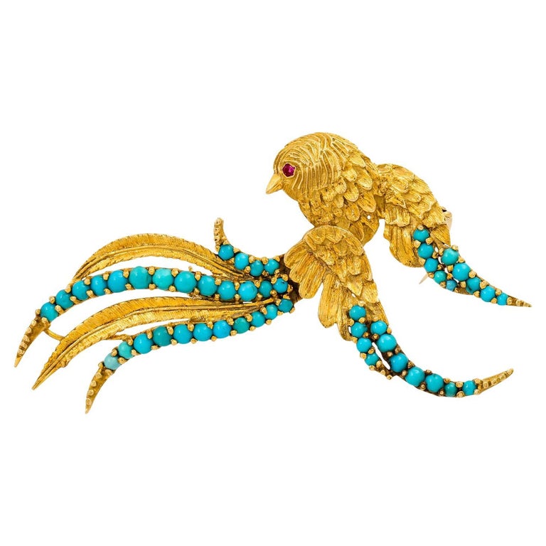 Brooch "Fantasy Bird" with Turquoise in a Fine Color For Sale at 1stDibs