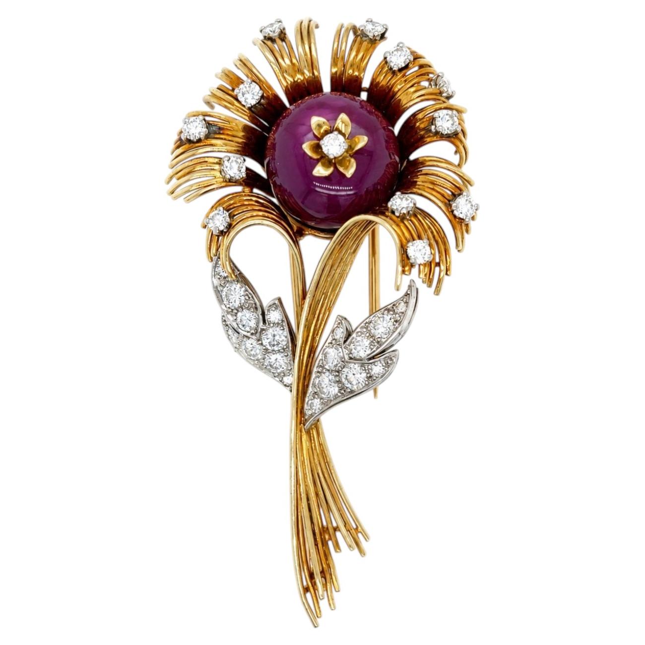 BROOCH - French Mid Century 15.00 CTW Ruby and Diamonds Botanical ...